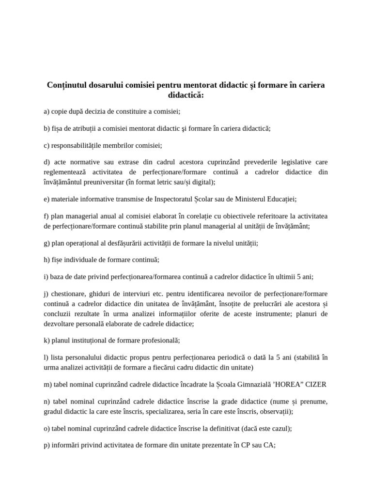 Conținutul Dosarului Comisiei Pentru Mentorat Didactic Şi Formare În ...