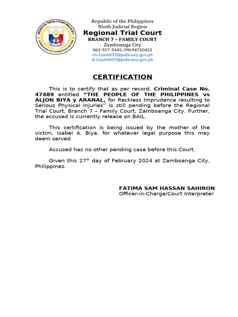 certification -NO pending case | PDF