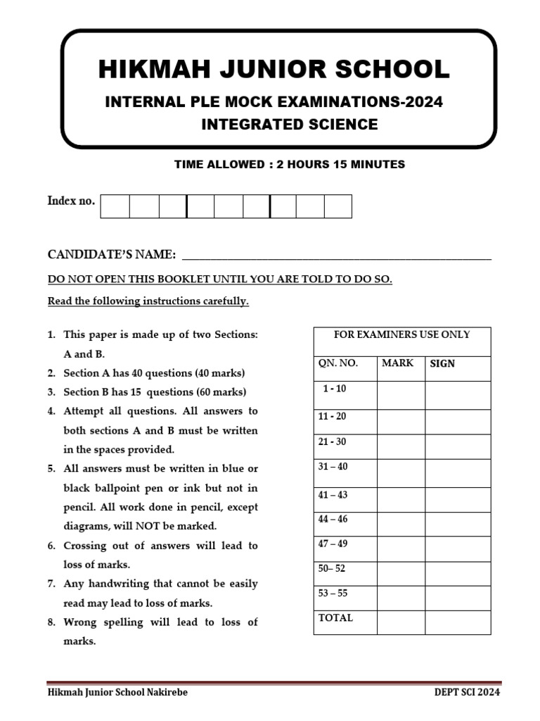 Hikima Sci Mock 2024 at Prof - Moses Vip | PDF