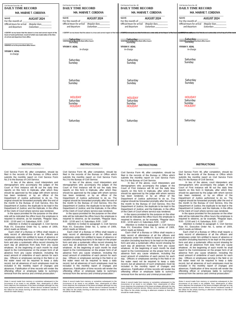 August 2024 DTR Form | PDF