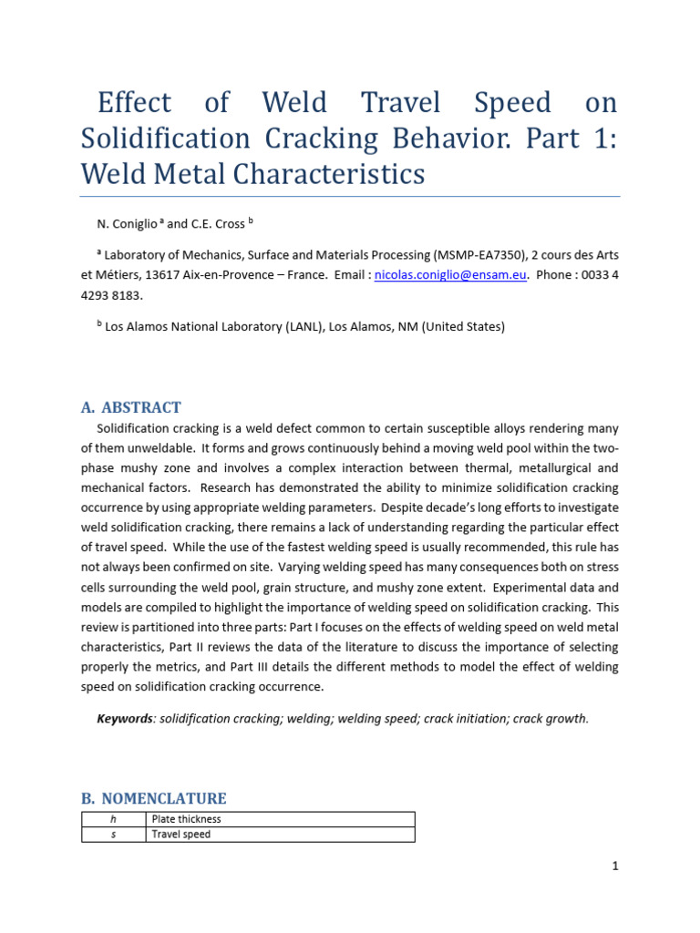 Effect Of Weld Travel Speed On Solidification Cracking Behavior Part 1 Pdf