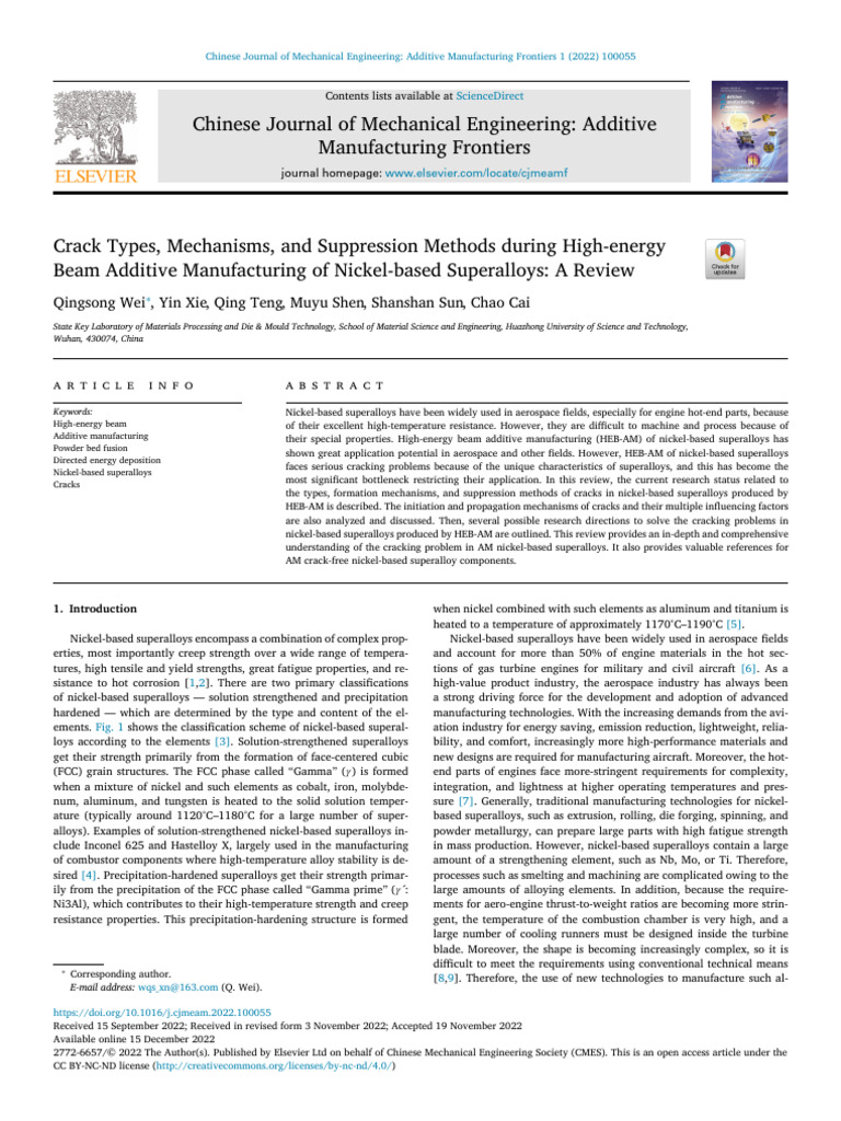 Crack Types, Mechanisms, and Suppression Methods during High-energybeam ...