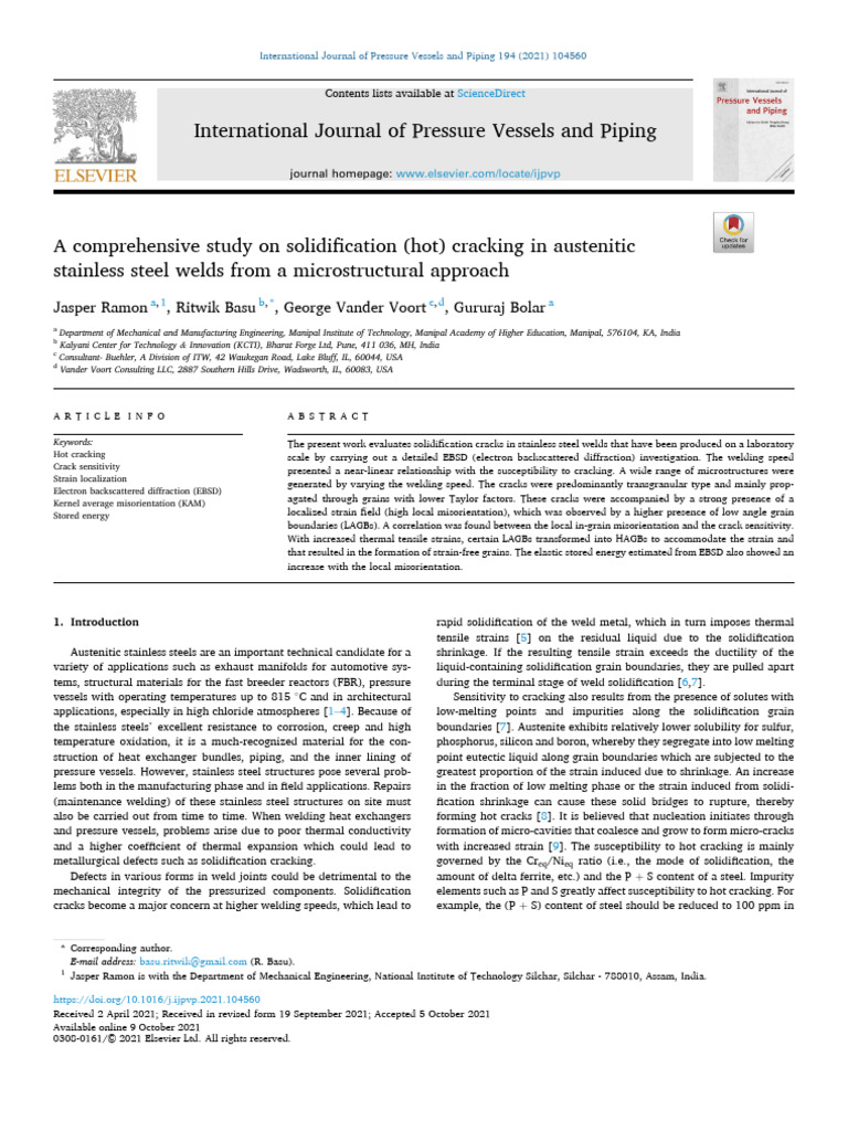 A comprehensive study on solidification (hot) cracking in austenitic ... A comprehensive study on solidification (hot) cracking in austenitic ...