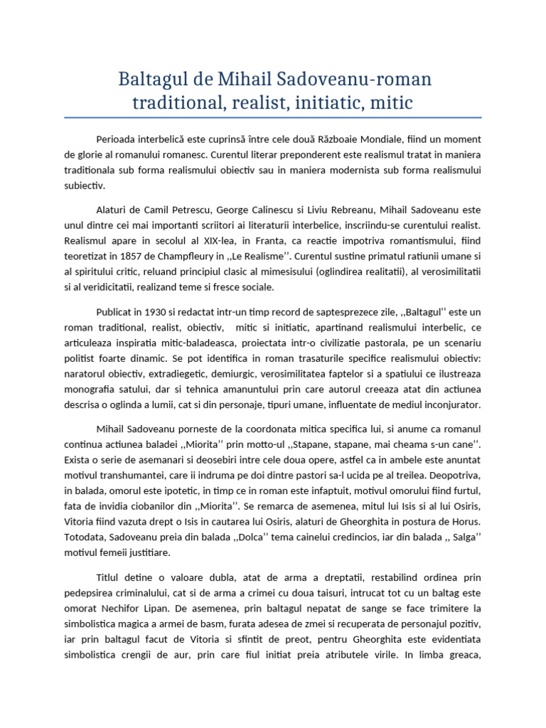 Baltagul de Mihail Sadoveanu | PDF