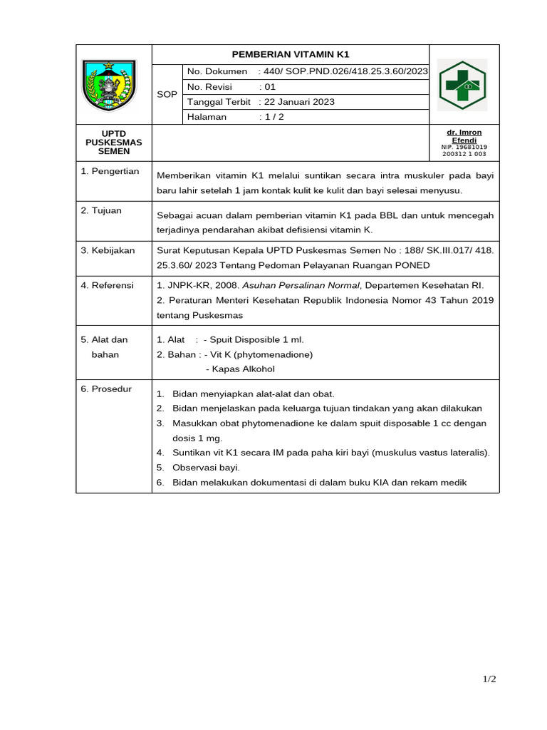 Sop Pemberian Vit K Pada BBL | PDF