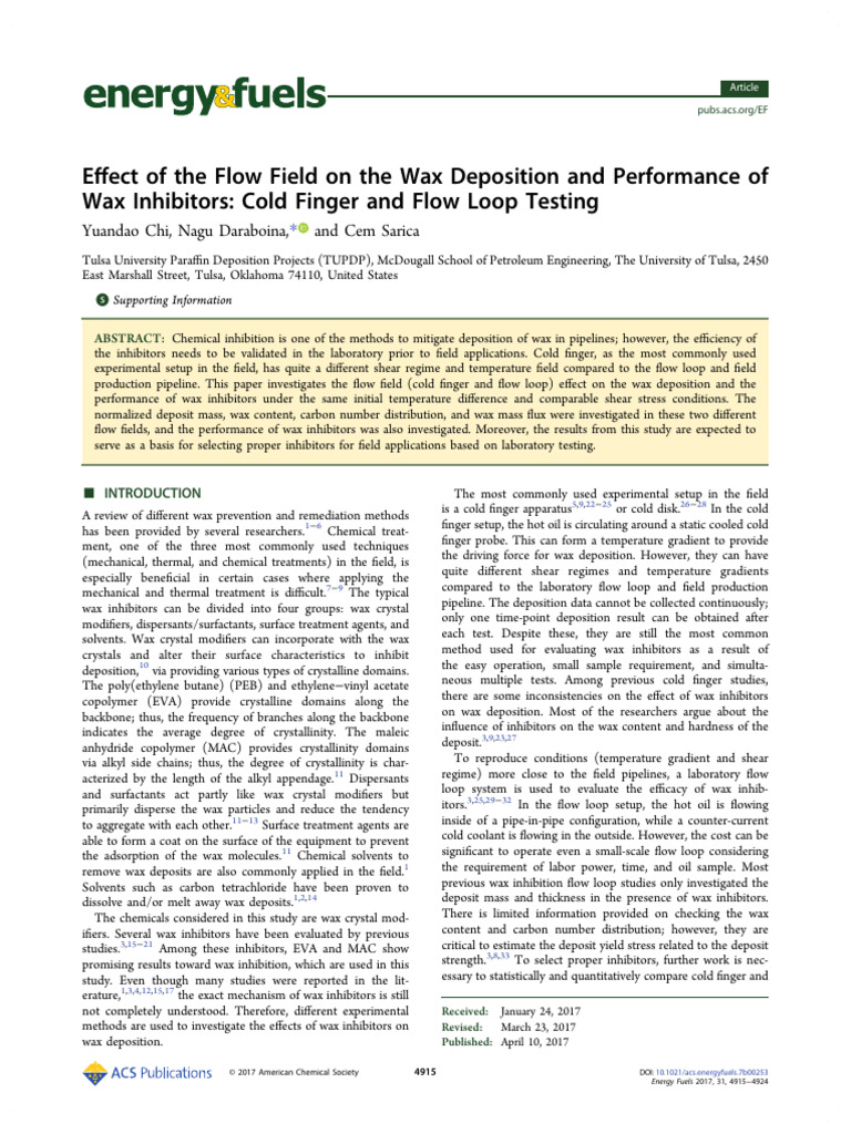 Chi Et Al 2017 Effect of The Flow Field On The Wax Deposition and ...