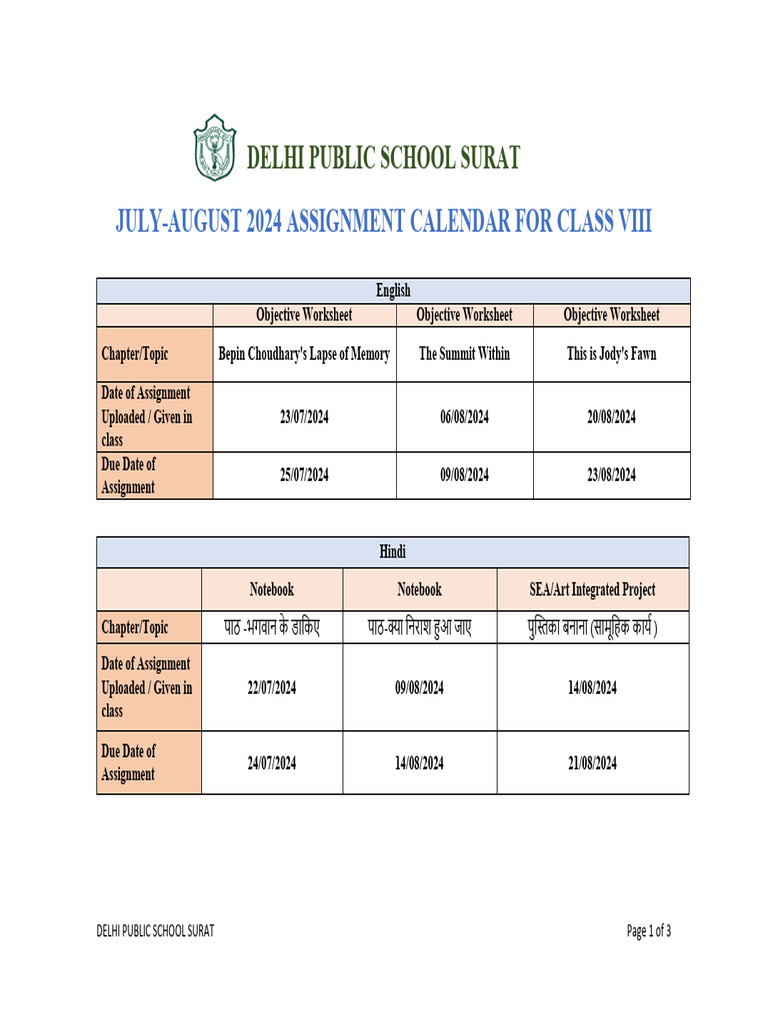 Class8 Assignment Calendar | PDF