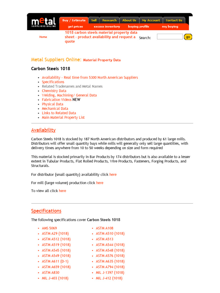 1018 Carbon Steels Material Property Data Sheet | PDF