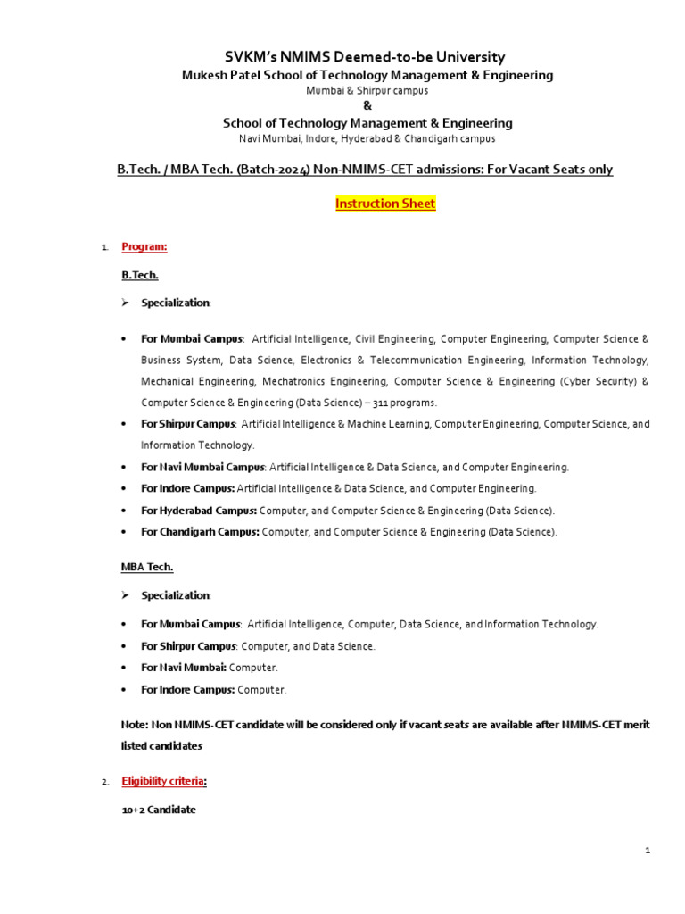 Handout B Tech MBA Tech Non CET | PDF
