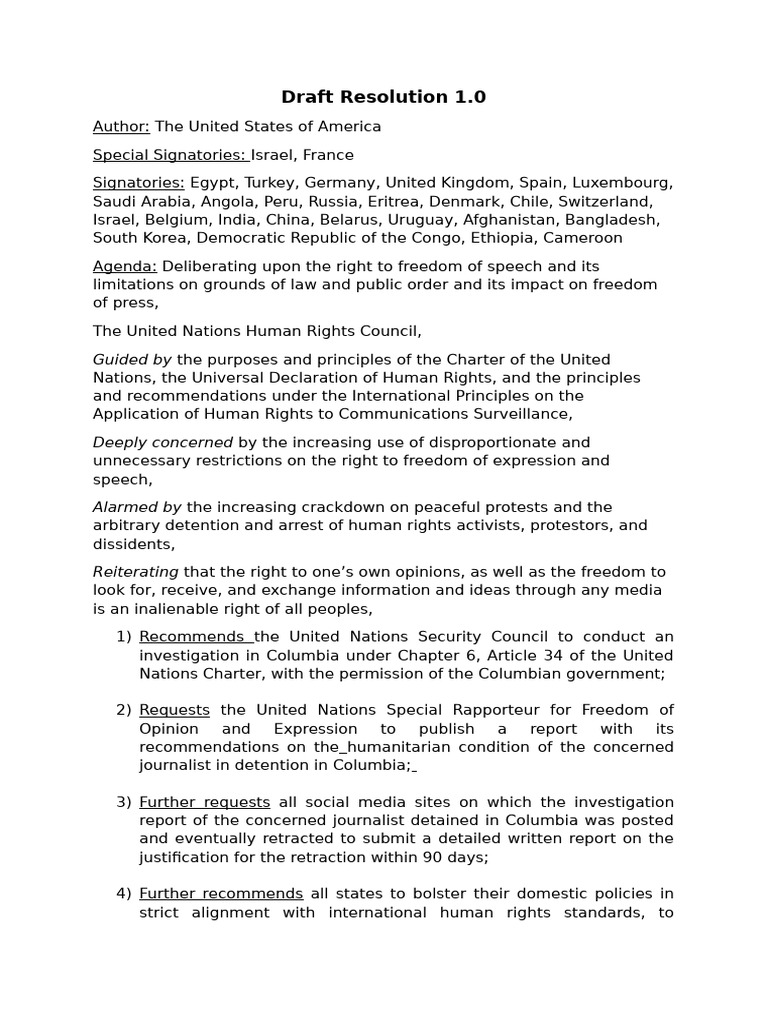 Draft Resolution Freedom of Speech - USA (UNHRC) | PDF | Human Rights ...