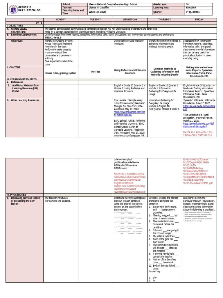 ENGLISH 10 q1 w1 Use Information From News Reports, Speeches ...
