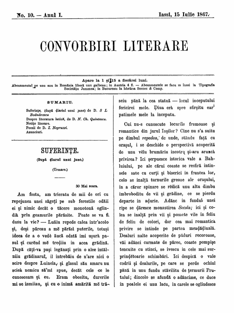 Convorbiri Literare, 01, Nr. 10, 15 Iulie 1867 | PDF
