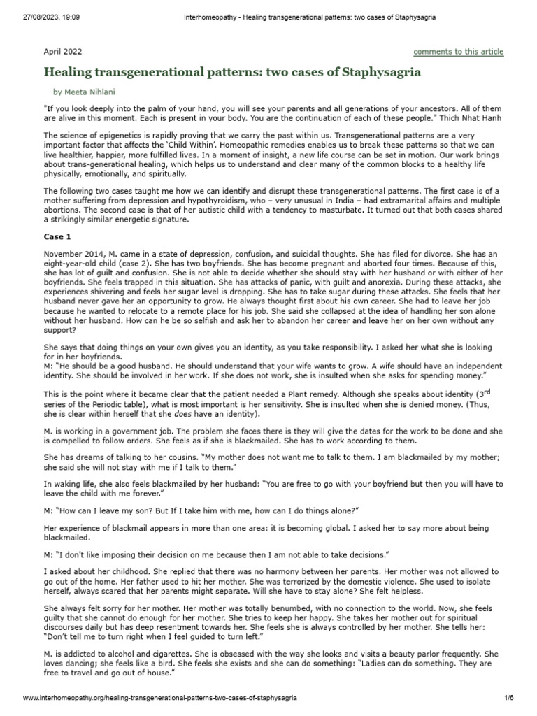 Healing Transgenerational Patterns - Two Cases of Staphysagria | PDF ...