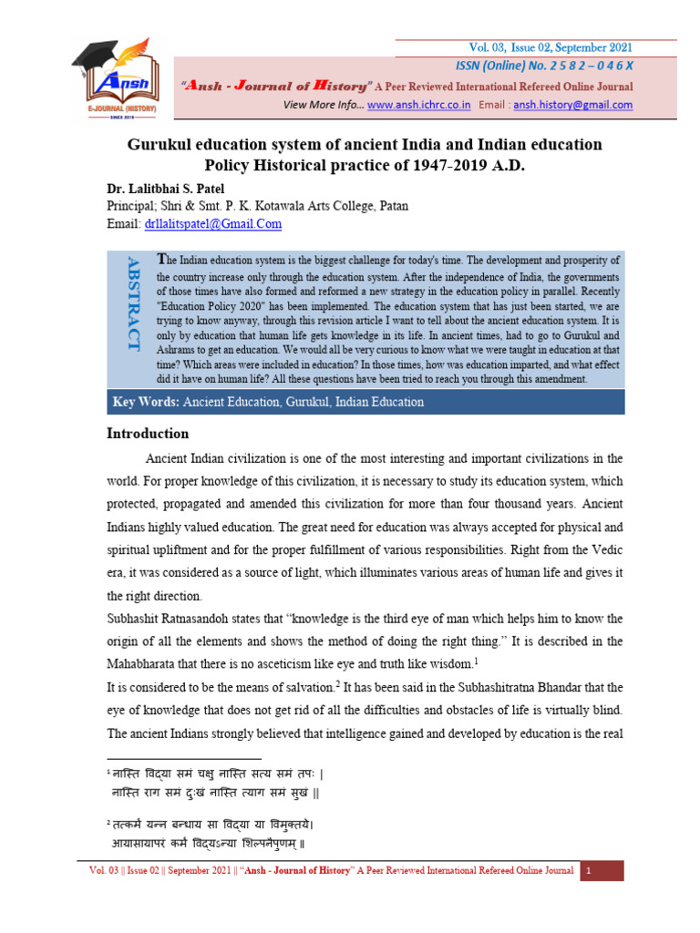 Gurukul Education System of Ancient India and Indian Education Policy Historical Practice of ...