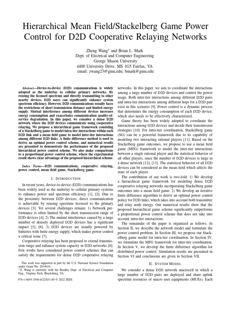 Hierarchical Mean Field-Stackelberg Game Power Control For D2D Cooperative Relaying Networks | PDF