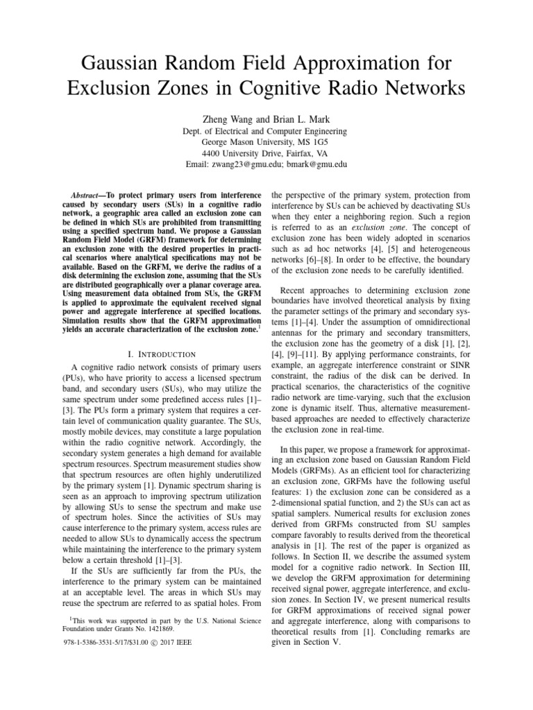 Gaussian Random Field Approximation For Exclusion Zones in Cognitive Radio Networks | PDF