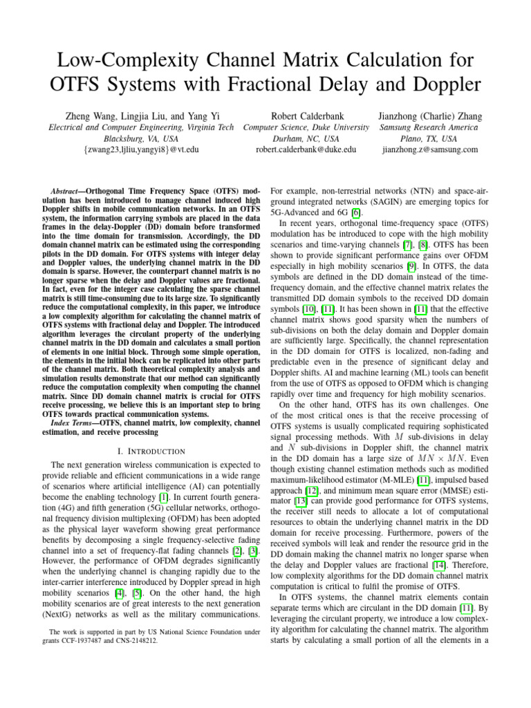 Low-Complexity Channel Matrix Calculation For OTFS Systems With Fractional Delay and Doppler | PDF