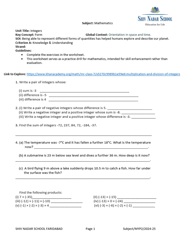 G7 Math Integers-Multiplication & Division-CW | PDF
