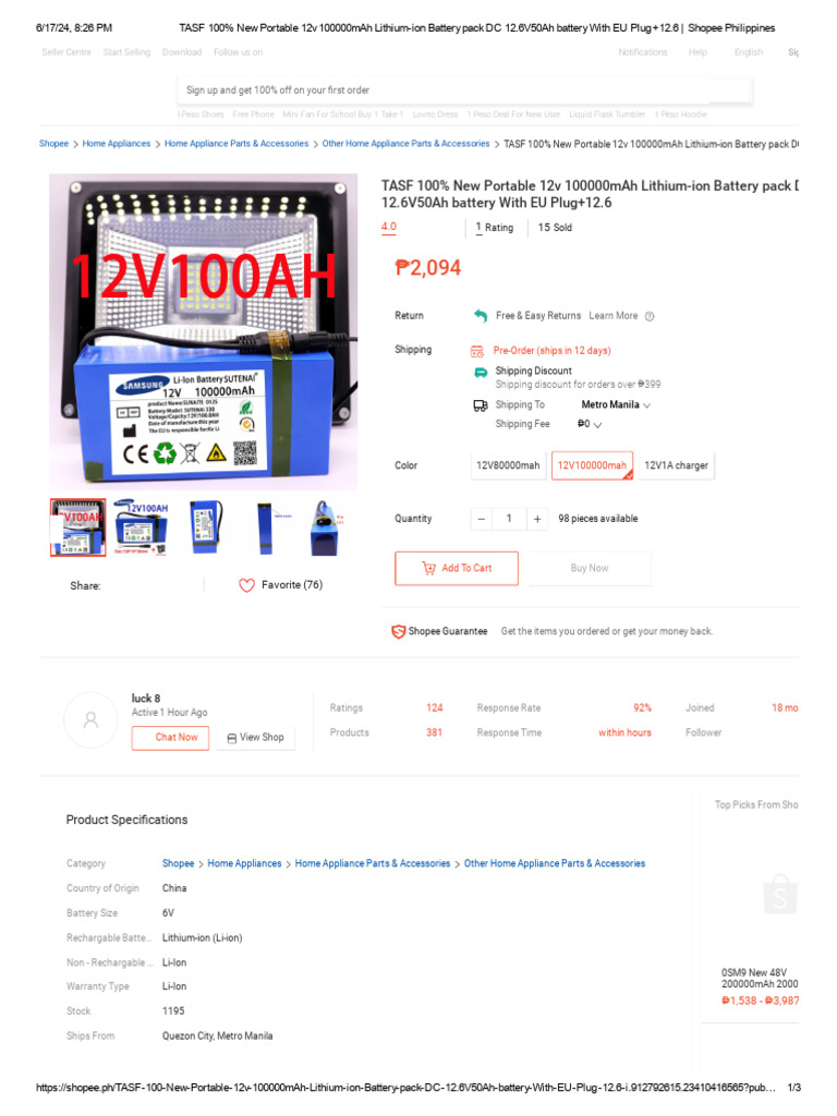 TASF 100% New Portable 12v 100000mah Lithium-Ion Battery Pack DC 12.6V50Ah Battery With EU Plug+ ...