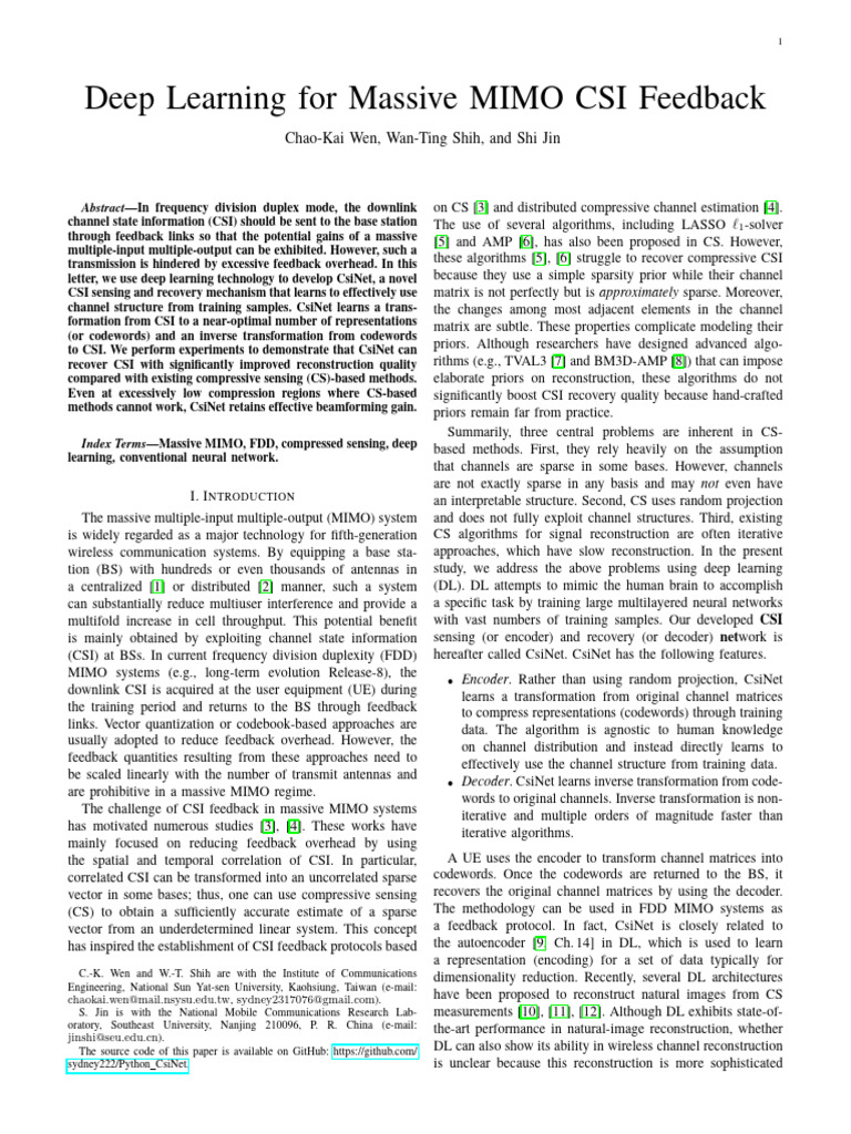 Deep Learning For Massive MIMO CSI Feedback | PDF