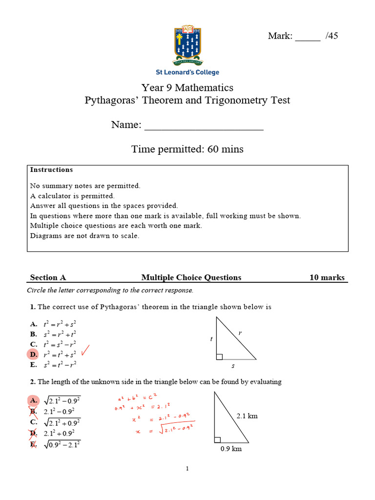 Year 9 Pythagoras and Trigonometry Test 2021 | PDF