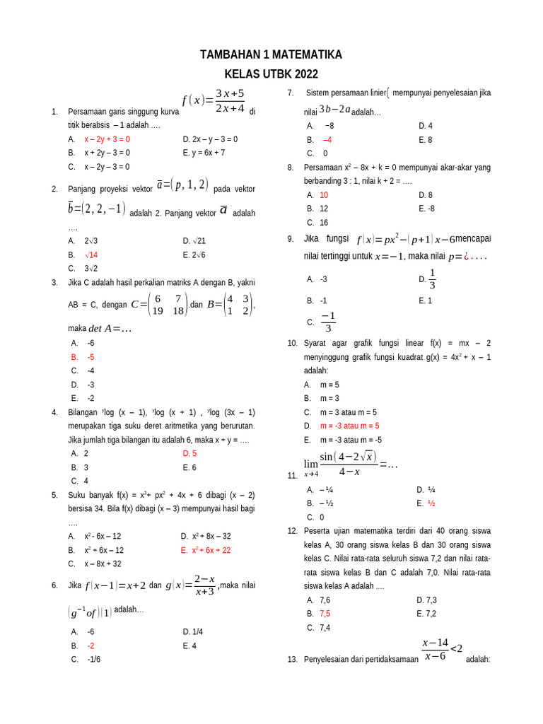 Tambahan 1 Mat Kelas Reguler Utbk 2022 | PDF