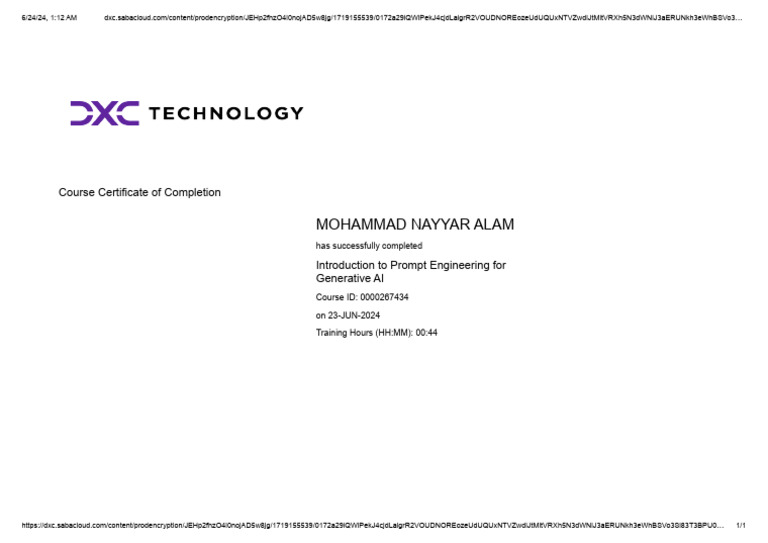 Mohammad Nayyar Alam: Course Certificate of Completion | PDF