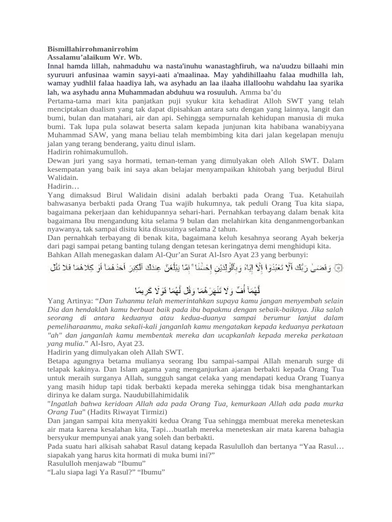 Contoh Teks Khitobah Birrul Walidain | PDF | Agama & Spiritualitas