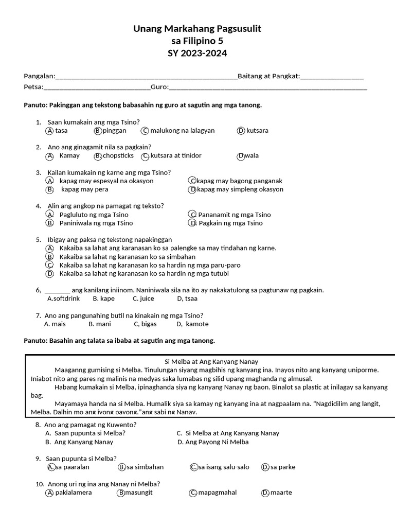 PT - Filipino 5 - Q1 | PDF