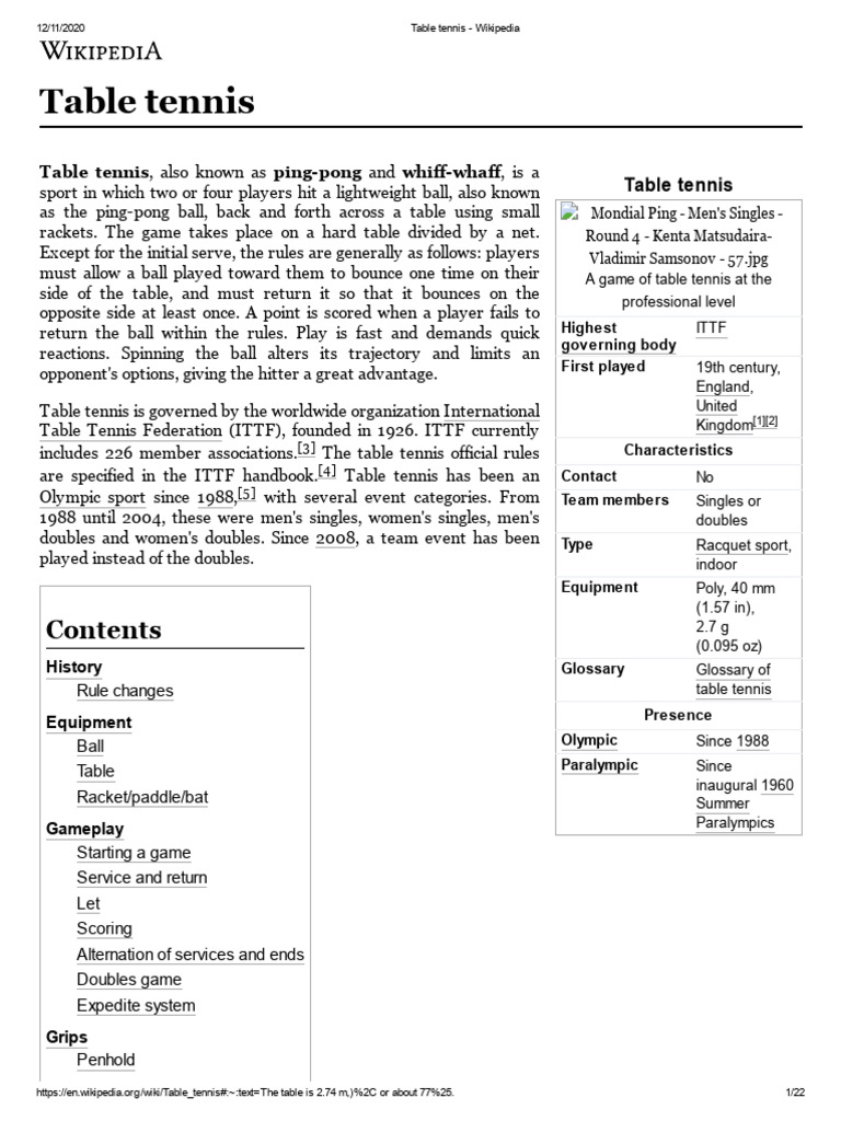 Table Tennis - Wikipedia | PDF