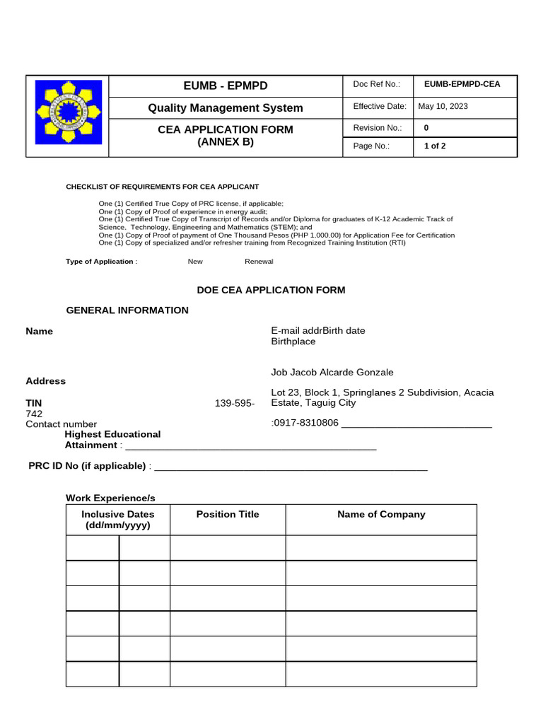 CEA Annex B - Duly Accomplished CEA Application Form | PDF