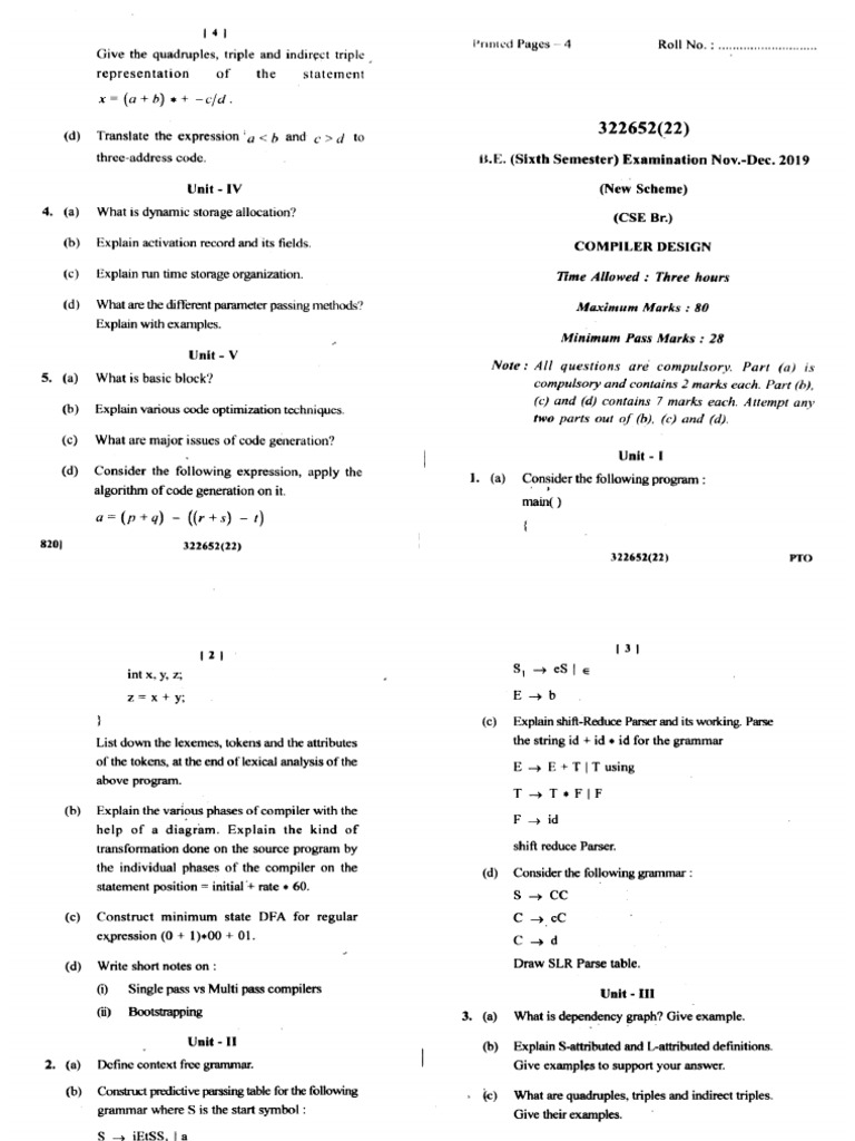 Be Cse 6 Sem Compiler Design 322652 Dec 2019 | PDF