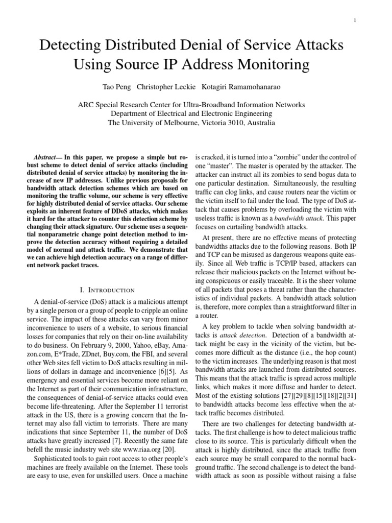 Detecting Distributed Denial Of Service Attacks Using Source Ip Address