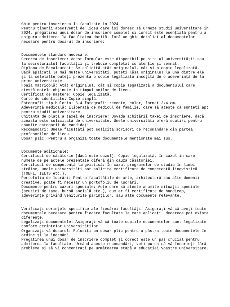 Ghid Pentru Înscrierea La Facultate În 2024 | PDF