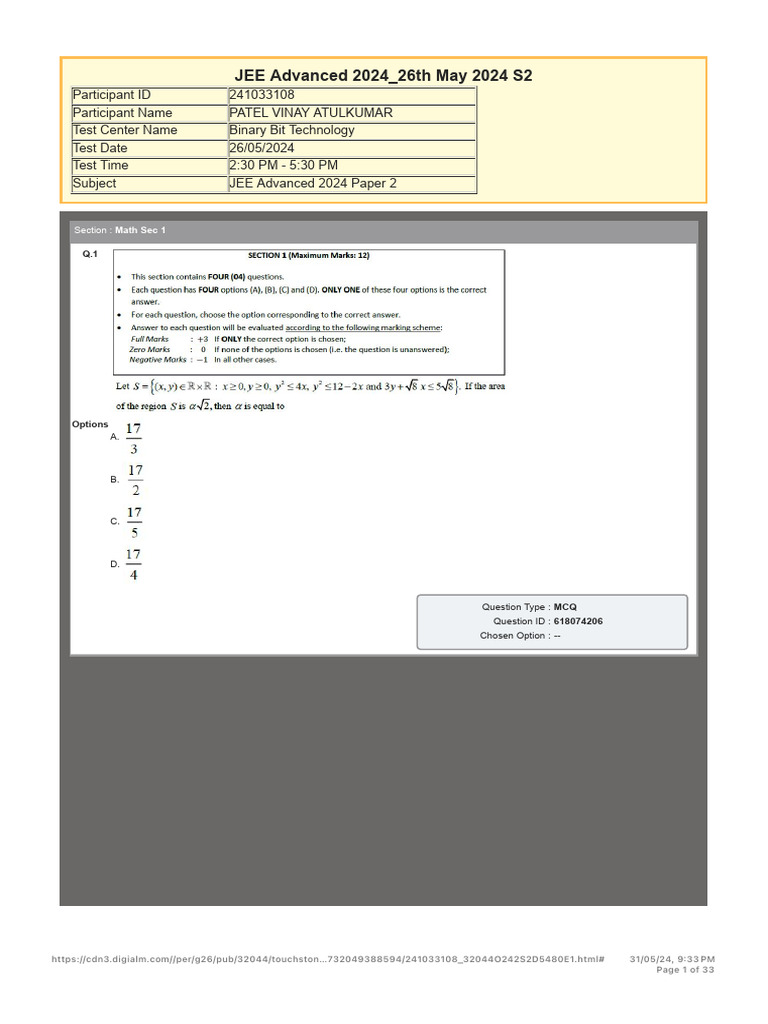 JEE ADVANCED Response Sheet Paper-2 | PDF
