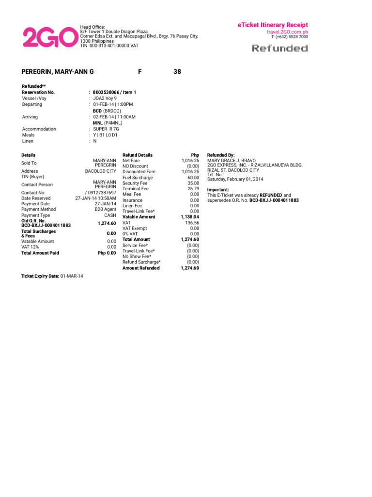 2GO Travel - Itinerary Receipt | PDF