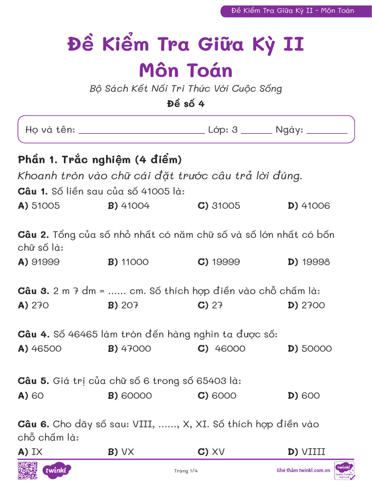 De Kiem Tra Giua Ki II So 4 Mon Toan Lop 3 Bo Sach Ket Noi Tri Thuc Voi Cuoc Song | PDF