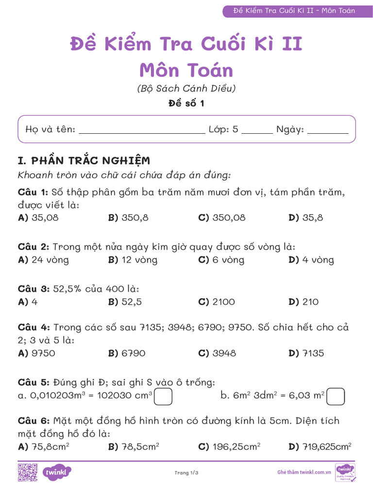 VT Es 1712755458 de Kiem Tra Cuoi HK II So 1 Mon Toan Lop 5 Bo Sach Canh Dieu Ver 1 | PDF
