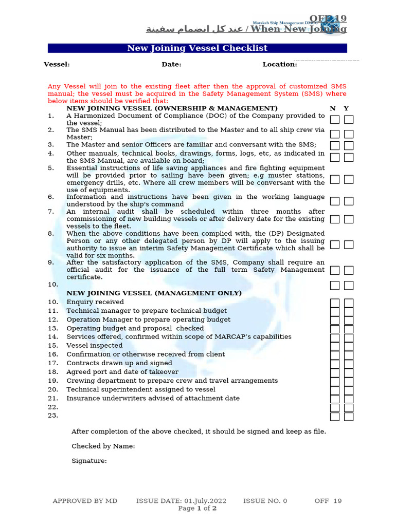 OFF 19 - New Joining Vessel Checklist | PDF