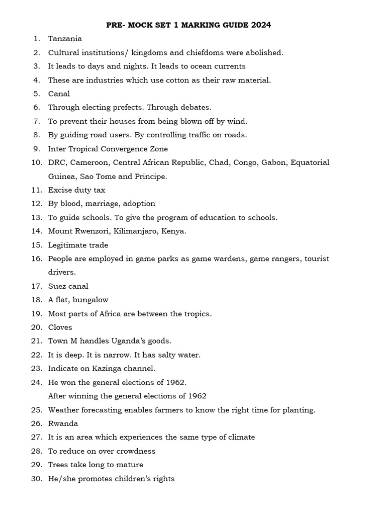 2024 Pre-Mock Set 1 Marking Guide | PDF | Uganda | Social Science