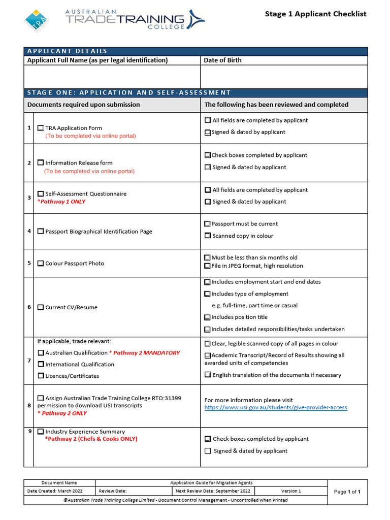 Stage 1 Applicant Checklist (TRA) | PDF