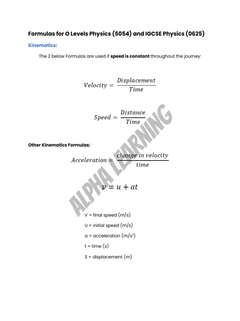 Formulas For o Levels Physics Watermark | PDF