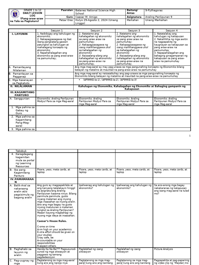 I. Layunin: Daily Lesson LOG (Pang-Araw-Araw Na Tala Sa Pagtuturo ...