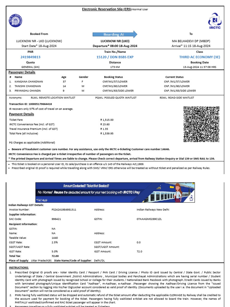 DDN Bsbs Exp Third Ac Economy (3E) : Electronic Reserva On Slip (ERS) | PDF