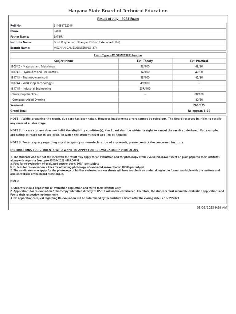 Haryana State Board of Technical Education: Result of July - 2023 Exam ...