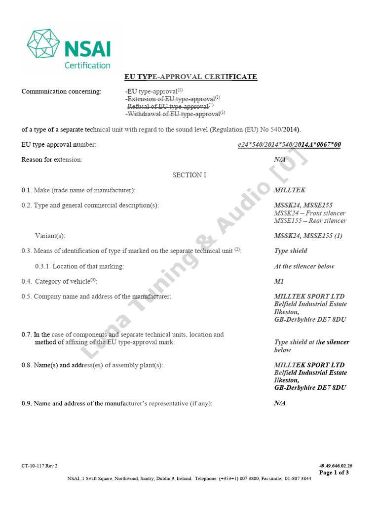 Eu Type-Approval Certificate | PDF