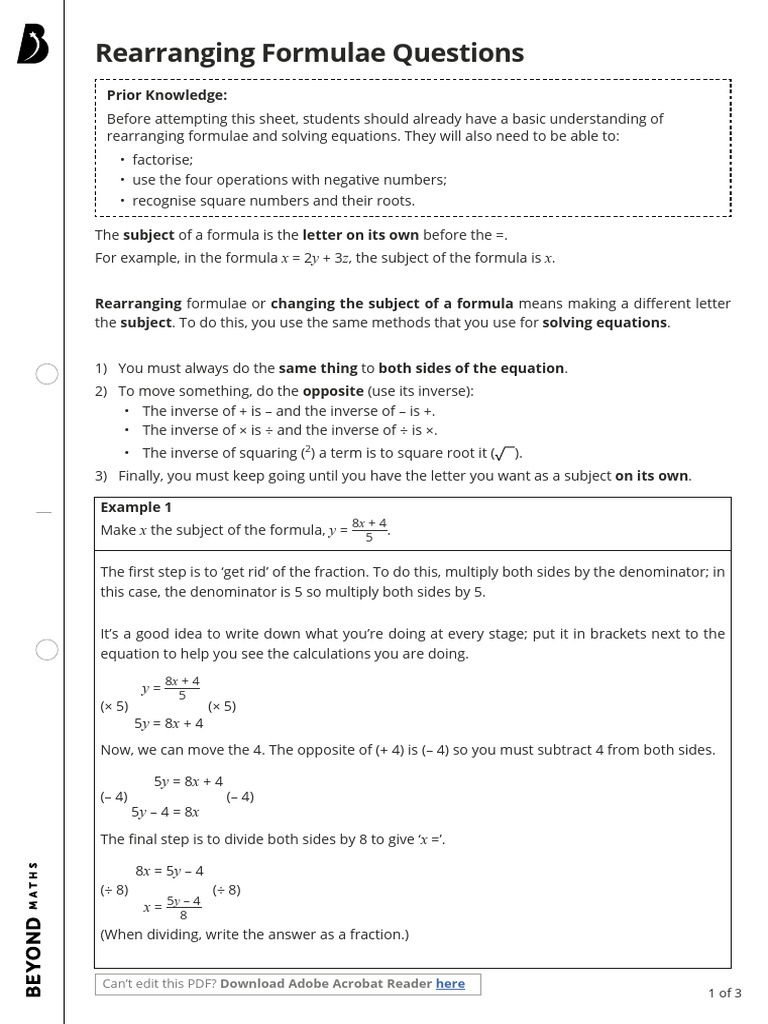 Rearranging Formulae Questions (Interactive) | PDF