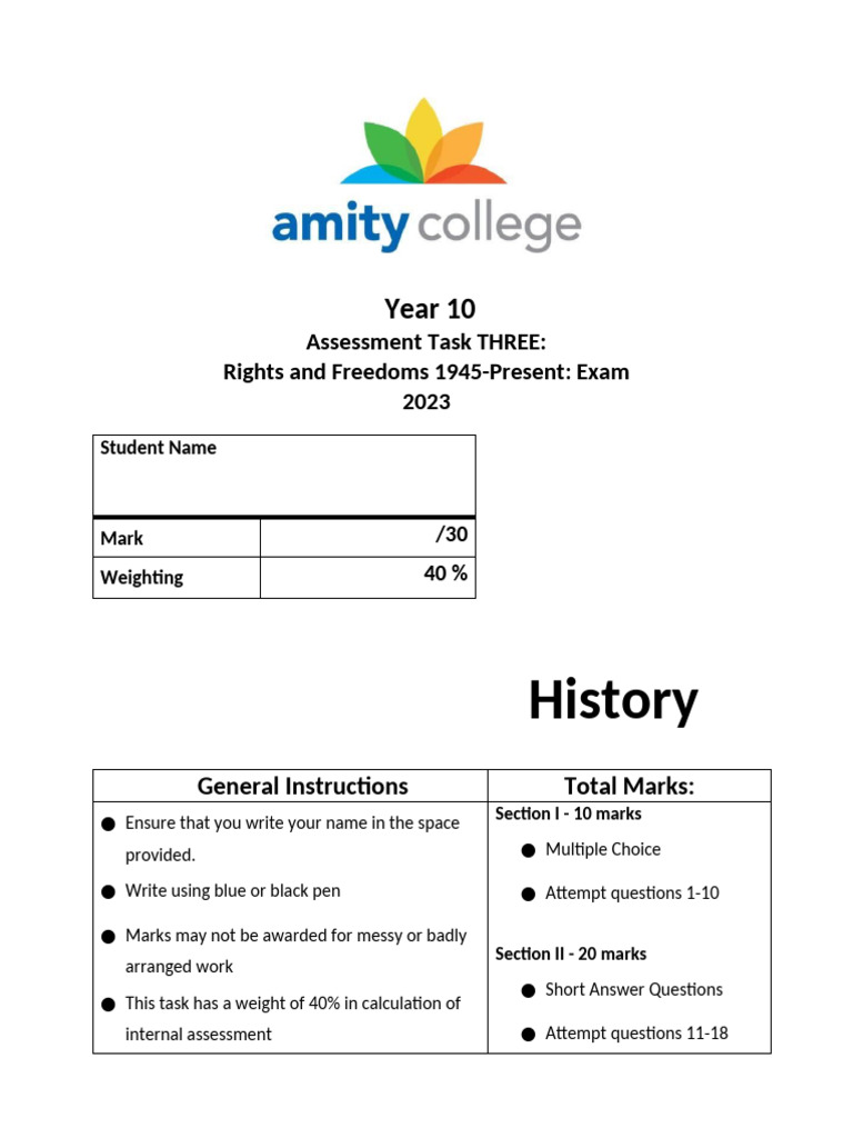 Year 10 History - Assessment Task THREE - Rights and Freedoms Exam 2023 ...