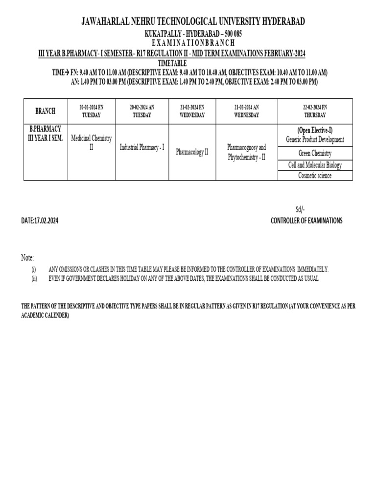 B.pharmacy III I Sem R17 II Mid Term Exams Timetable FEB 2024 | PDF