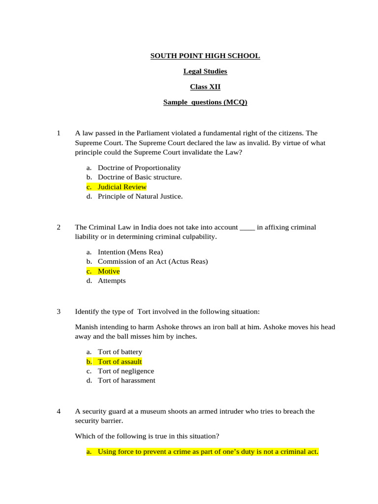 Class 12 Legal Studies MCQ Sample | PDF | Tort | Mens Rea